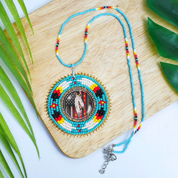 SALE 50% OFF - Native Flag Feathers Handmade Glass Beaded Patch Neckla ...