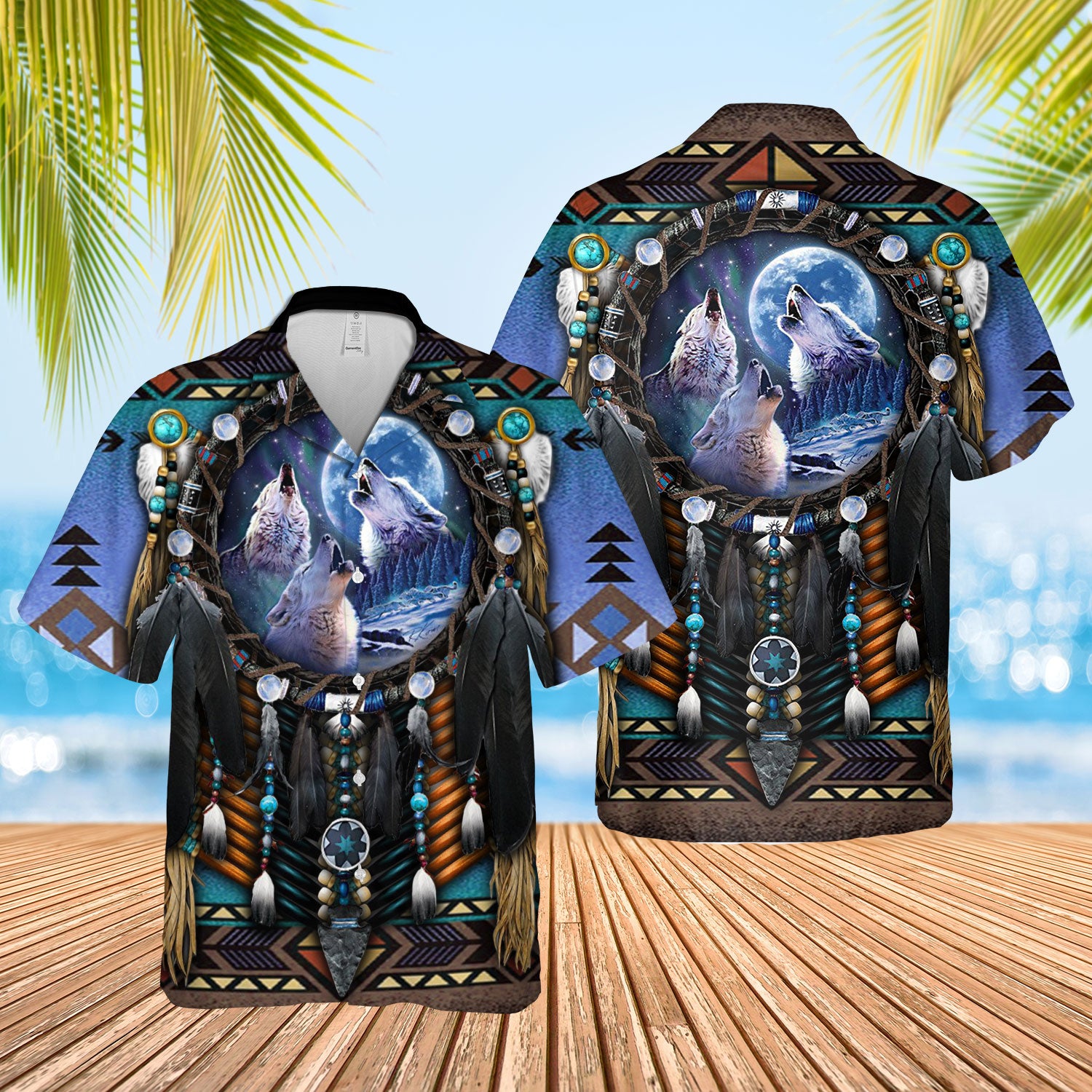 Blue Wolf Dreamcatcher Native Hawaiian Shirt NBD - Native Heritage Store